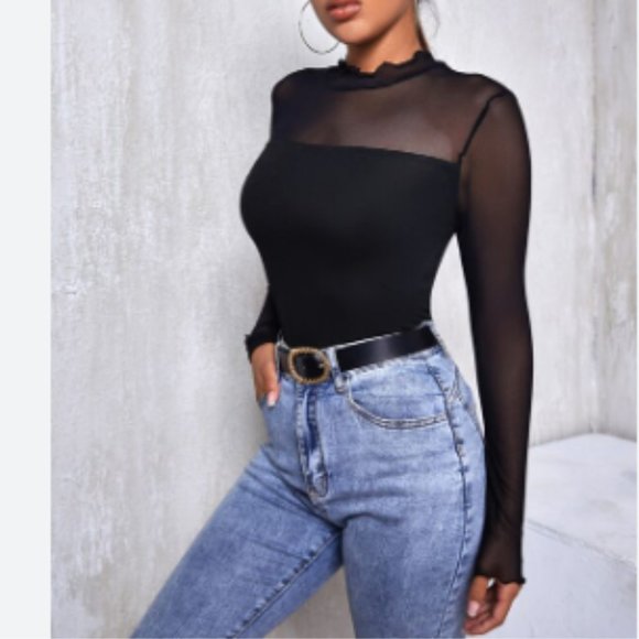 SHEIN | Tops | Shein Black Mesh Sleeve Top Size Mediumsize 6 | Poshmark